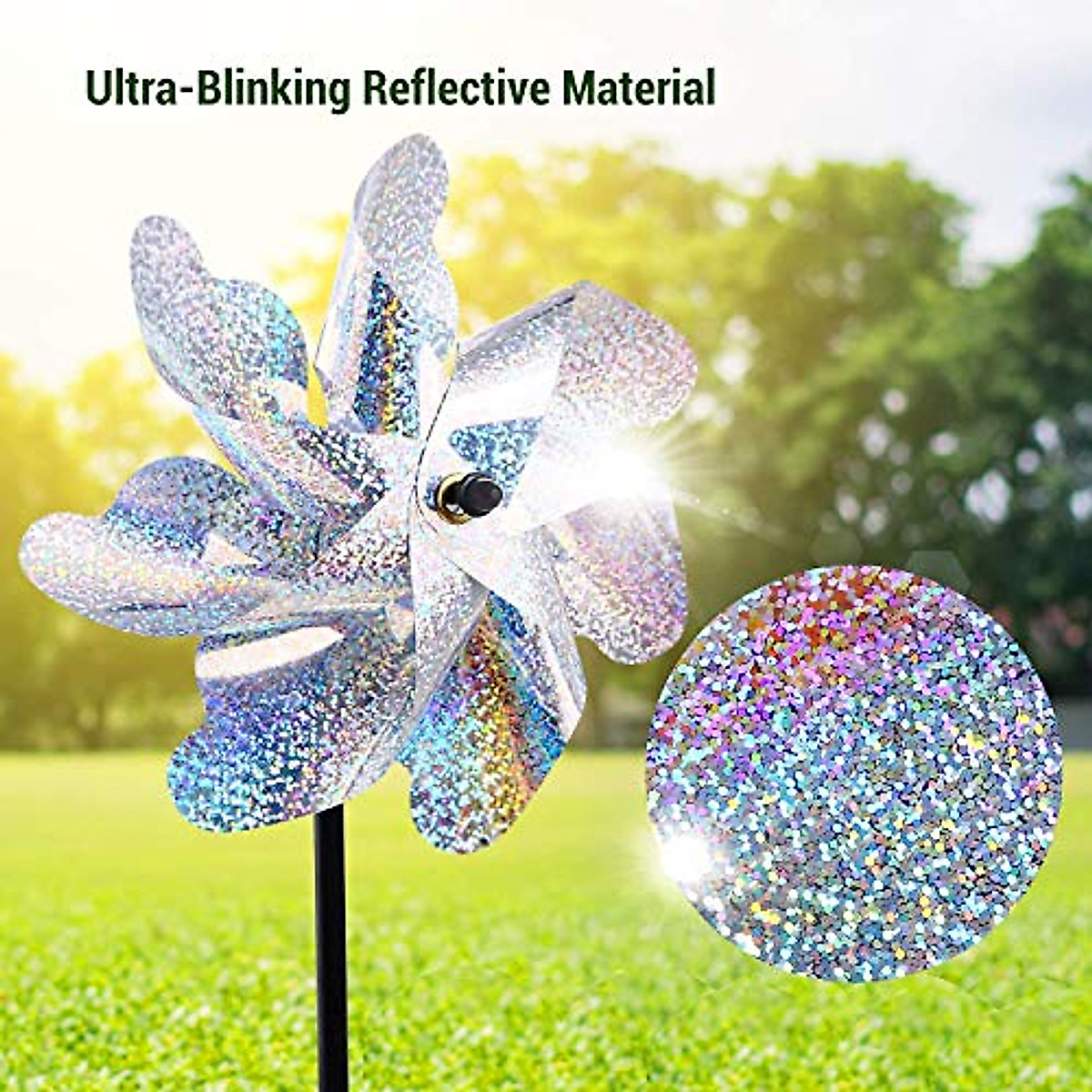 Ohuhu Reflective Pinwheels with Stakes, 10-Pack Extra Sparkly Wind Sculpture for Garden Decor Pin Wheel, Silver Wind Spinner