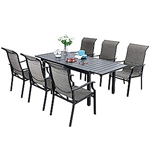 MFSTUDIO 7 Pieces Patio Dining Set, Rectangular Expandable Black Metal Table with 6 Padded Textilene Fabric Chairs, Outdoor Furniture Set for Garden, Poolside, Backyard, Porch