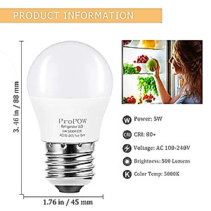 ProPOW LED Refrigerator Light Bulb, 120V A15 Fridge Bulbs 5 Watt White 5000K E26 Medium Base, Energy Saving Ceiling Home Lighting, Not-Dim, 2 Pack