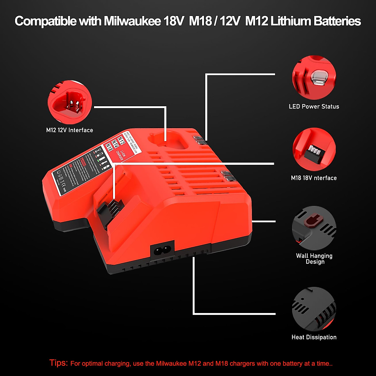 2 Pack 5.0Ah Replacement for Milwaukee M18 Lithium ion Battery 48-11-1850 and Charger Combo, Compatible with Milwaukee M18 Cordless Power Tools 18V Lithium Battery, and Milwaukee 18V Battery Charger