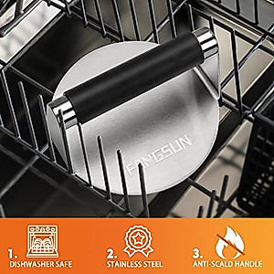 FANGSUN Burger Press with Anti-Scald Handle, 5.8 Inch Stainless Steel Burger Smasher, Round Non-Stick Hamburger Press for Griddle, Griddle Accessories Kit for Flat Grill Cooking, Gift Package