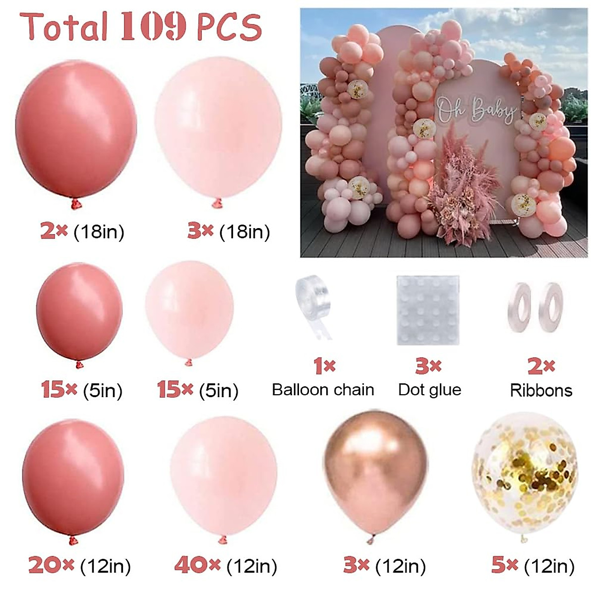 Pink Balloon Garland, SKEFOLI 107PC Retro Pink Balloon Garland Kits Dusty Matte Balloons Arch for Girls Birthday Party Baby Shower Wedding Bachelorette (Pale Mauve)