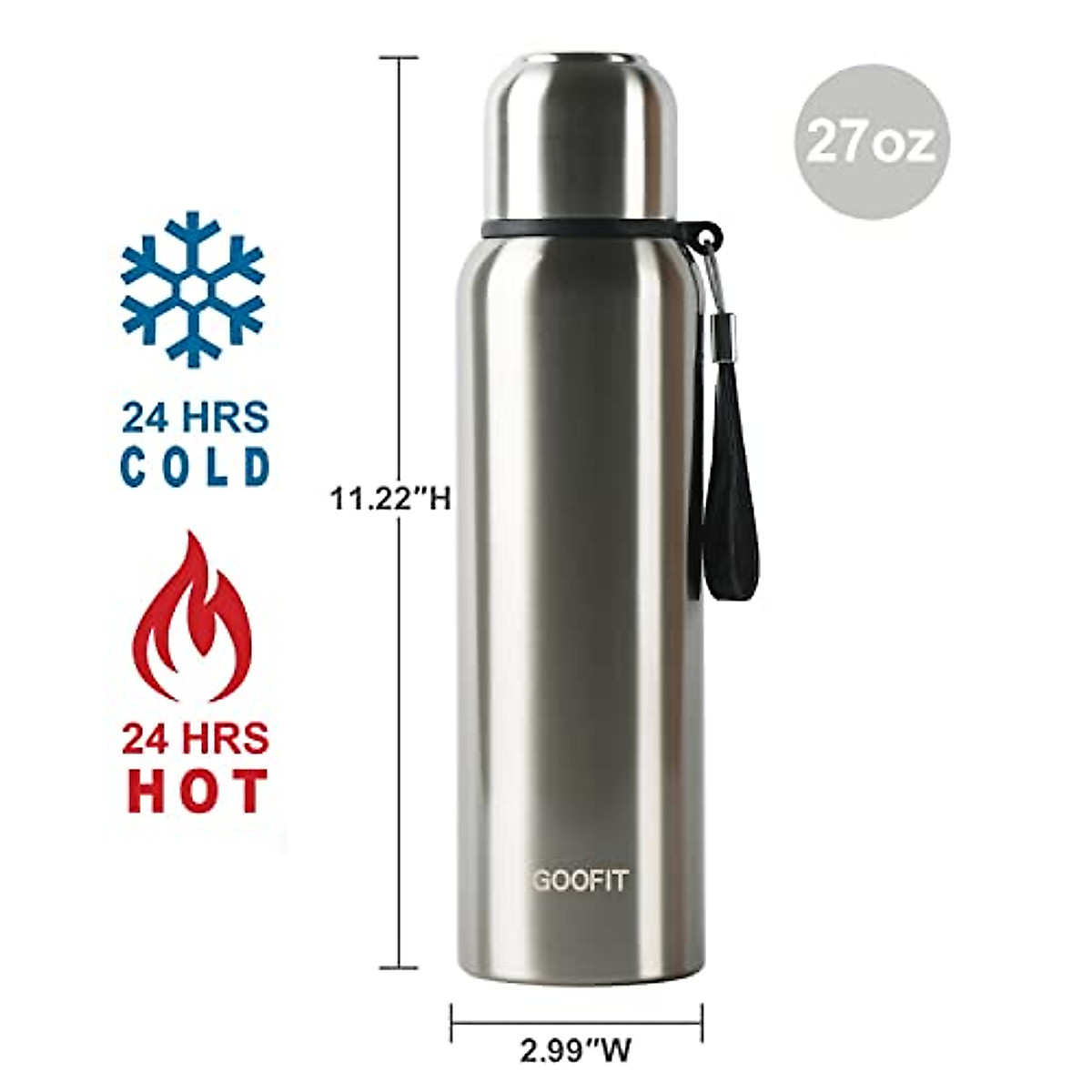 GOOFIT Insulated Thermos with Cup Outdoor Sports Stainless Steel Thermos Vacuum Sealed Coffee Bottle Travel Mug Thermos Flask BPA Free Keeps Cold 24H Hot 24H 27Oz Silver