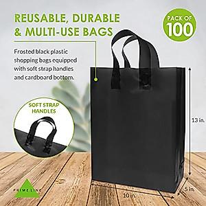 Plastic Bags with Handles - 100 Pack Medium Black Frosted Plastic Gift Bags, Gusset & Cardboard Bottom, Bulk Merchandise Retail Gift Bags, Boutiques, Small Business, Parties, Events - 10x5x13