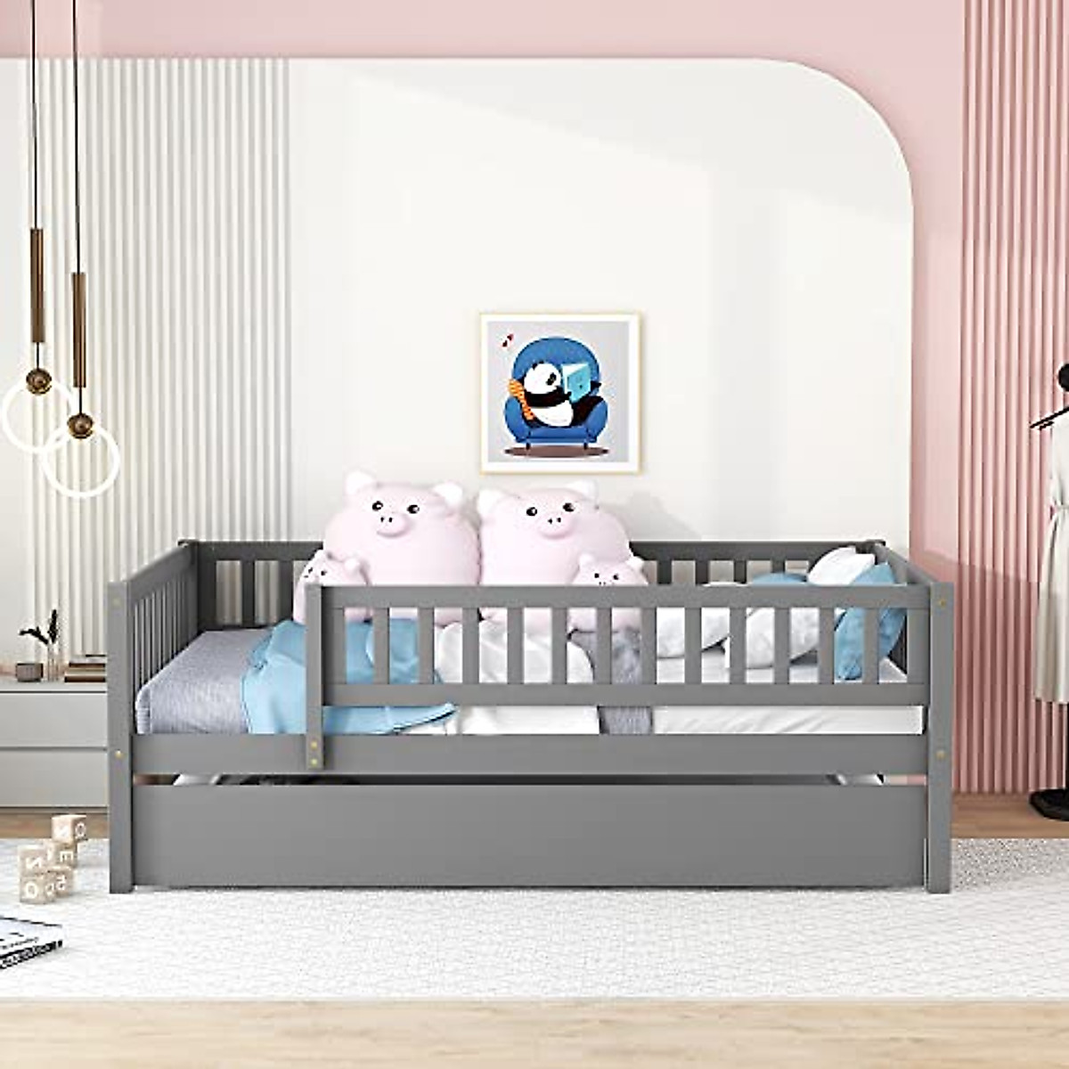 P PURLOVE Full Daybed with Trundle, Daybed Frame with Fence Guardrails, Wood Daybed for Boys, Girls and Young Teens, No Box Spring Needed (Gray)