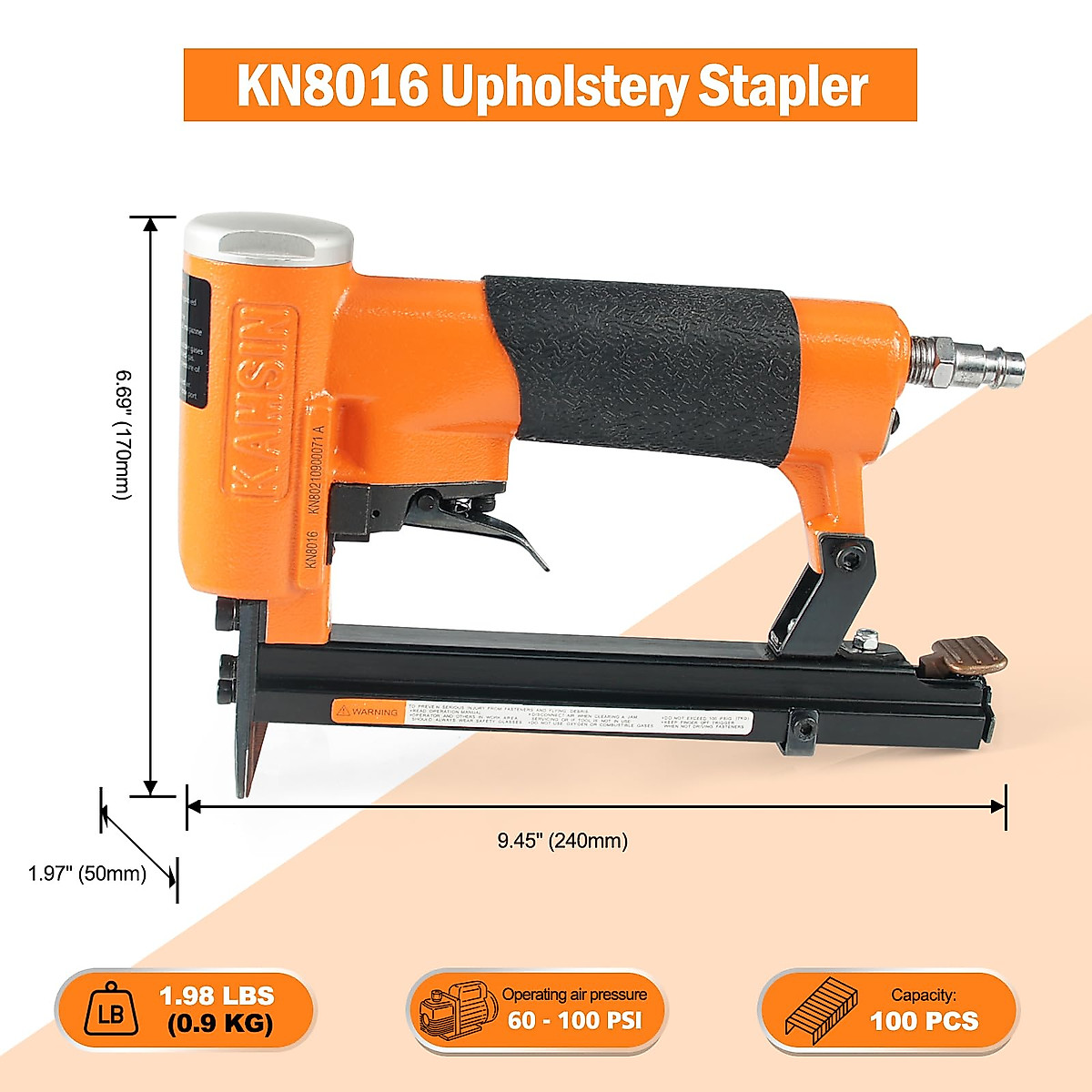 KN8016 21 Gauge Industrial Pneumatic Upholstery Stapler 1/2-Inch Crown for 1/4-Inch to 5/8-Inch Staples, Air Power Upholstery Construction Staple Gun for Home Renovation, Furniture, DIY Woodworking