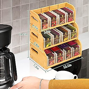 Bamboo Tea Bag Organizer, 3-Tier Tea Bag Holder Storage Organizer, Stackable Tea Packet Rack/Shelf, Tea Station Stand with Acrylic Partition for Counter, Cabinet and Pantry