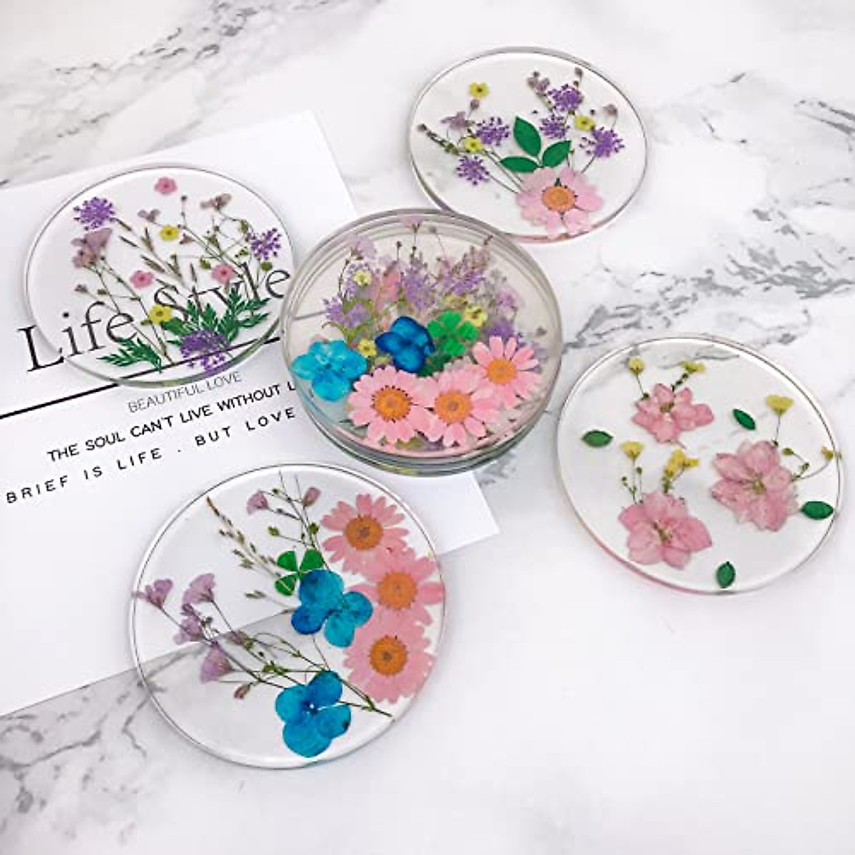Drink Coasters Flower Cup Mat-Epoxy Resin Coasters with Colorful Natural Floral Reusable Round Kitchen Utensils for Dining Cups (Set of 4) (4, BD0001)