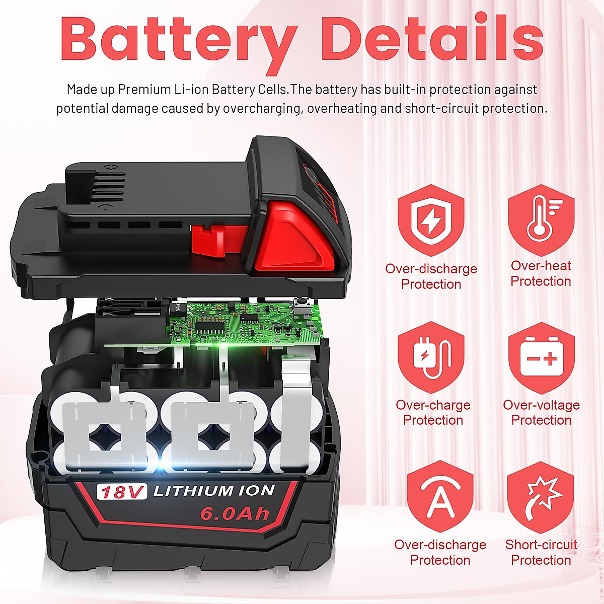 18V 6.0AH Capacity Battery - Replacement for M18 Battery Compatible with Milwaukee Battery Tools and Charger 48-11-1850 48-11-1852 48-11-1850R 5.0Ah 48-11-1840 4.0Ah 48-11-1828 3.0Ah 48-11-1820