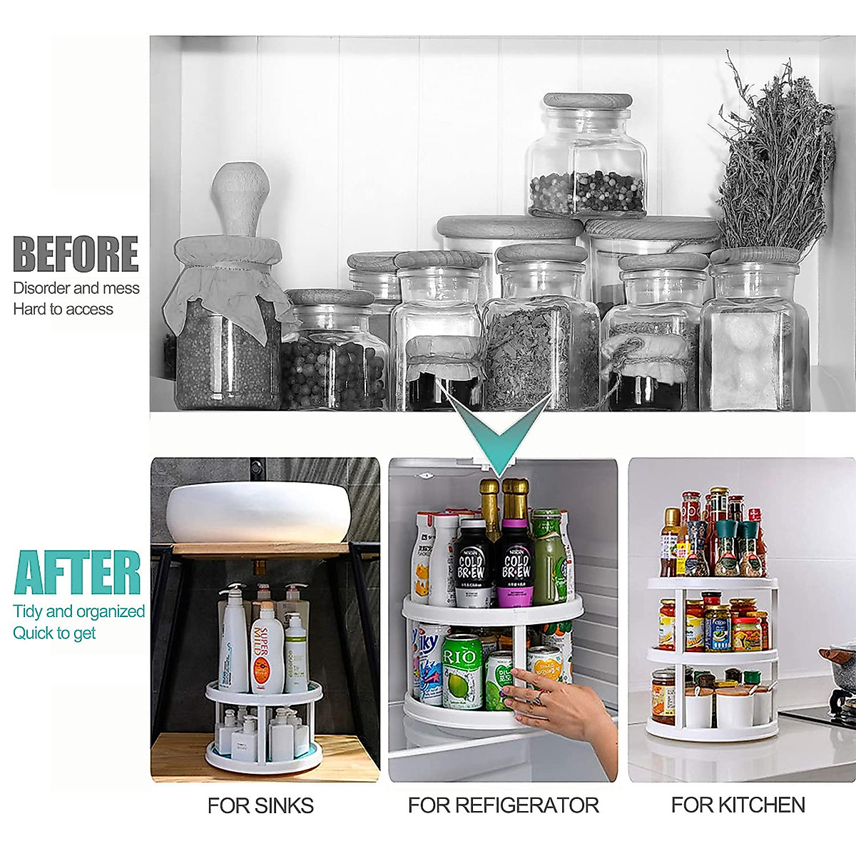 12 inch Diameter Turnable Lazy Susan Spice Rack Organizer for Large Cabinet, Kitchen Dining Table Refrigerator Bathroom Organization (Gray)