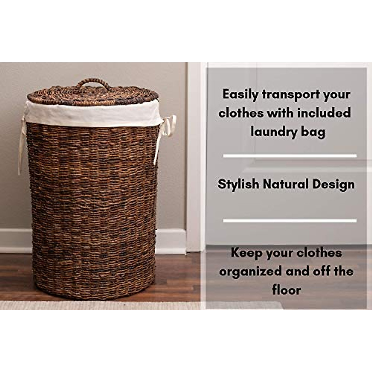 BirdRock Home Abaca Laundry Hamper with Liner - Round Clothes Bin with Lid - Organize Laundry - Cut-Out Handles for Easy Transport - Includes Machine Washable Canvas Liner (Espresso)