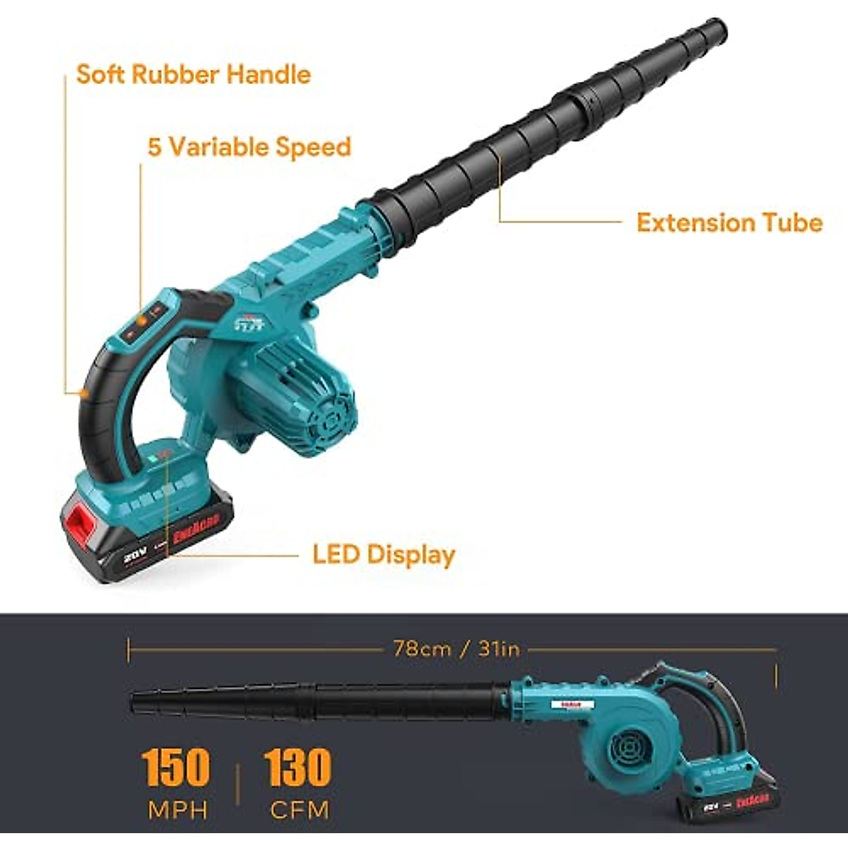 Cordless Leaf Blower, ENEACRO 20V 30000RPM Lithium 2AH Battery-Powered 2 in 1 for Sweeper & Vacuum Leaf/Dust, 5 Variable Speed Lightweight with Battery, Fast Charger