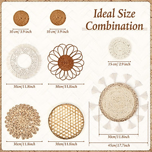 Set of 8 Boho Wall Basket Decor Flat Woven Basket Wall Decor Set Rattan Wall Decor Round Bamboo Hanging Wall Basket Macrame Tassels Wall Tapestry Boho Basket Wall Art for Bedroom Living Room Nursery