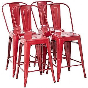 24 Inch Metal Bar Stools with Back Counter Height Bar Stools, Metal Chairs Set of 4 Indoor Outdoor Stackable Kitchen Stools Dining Chair Metal Restaurant Chair, Red