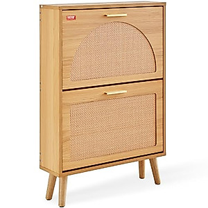 VEVOR Shoe Cabinet with 2 Flip Drawers, Shoe Storage Cabinet for Entryway, Free Standing Shoe Storage Organizer with Rattan Doors for Heels, Boots, Slippers in Hallway, Living Room