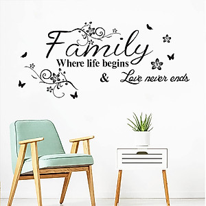 Wall Stickers, Home Decorations for Living Room, Family Where Life Begins & Love Never Ends, Letters for Wall Decor Word Sticker Decal Peel and Stick for Classroom Home Bedroom Family Office Wall Art Decor