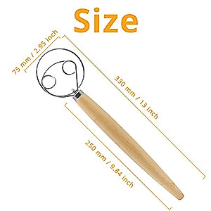 KUFUNG Danish Dough Whisk, Stainless Steel Dutch Bread Mixer, Blender Admixer for Cake Dessert Bread Pizza Pastry Food - Perfect Baking Tool (Hardwood, L)