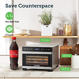 COSORI Food Dehydrator for Jerky, 176°F Temperature Control, 5 Stainless Steel Trays Dryer Machine, 4 Presets, 48H Timer, for Dog Treats, Meat, Fruit, Veggies, Snacks, Recipe Book Included