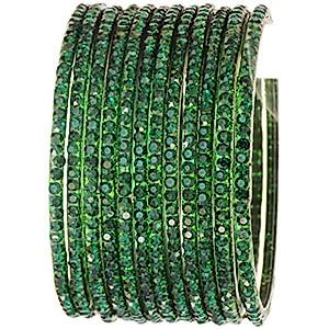 JD'Z COLLECTION Indian Bangles For Women Bollywood Glass Bangles Bridal Ethnic Jewelry Set Costume Matching Wedding Designer CZ Stone Jewellery Bangle Bracelets Set Of 12 (Dark Green, 2.4)
