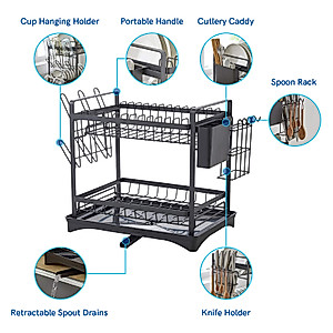 Flaovoth 2 Tier Dish Drying Rack, Dish Drainers for Kitchen Counter Dish Rack with Drying Drainboard, Adjustable Swivel Spout, Cutlery Caddy, Cup Hanging Holder, Spoon Rack and Knife Holder, Black