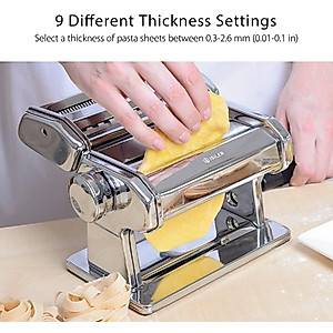 Pasta Machine, ISILER 9 Adjustable Thickness Settings Pasta Maker, 150 Roller Noodles Maker with Aluminum Alloy Rollers and Cutter for Pasta, Spaghetti, Fettuccini, Lasagna