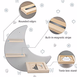 Floating Shelf Wall Mounted Set of 4 (Moon and 3 Stars) for Toniebox Starter Set, Tonie Figures - Magnetic Wooden Shelves Compatible with Toniebox Player Audio Character for Children Baby's Room