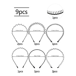 9pcs Metal Headband Spring Wavy Hair Band Unisex Hairband for Men Women Sport Hair Hoop Non-slip Headwear Hair Accessories (Black)