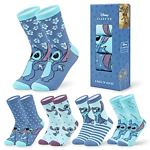Disney Womens Novelty Socks, Pack of 5 Soft Calf Socks - Gifts for her (Blue Stitch)