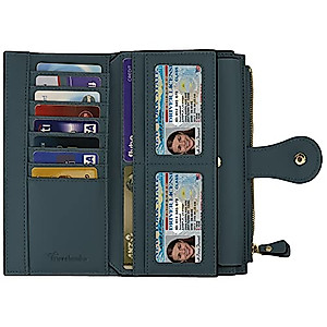 Travelambo Womens RFID Blocking Large Capacity Luxury Waxed Genuine Leather Clutch Wallet Multi Card Organizer (ReNapa Green Coal)