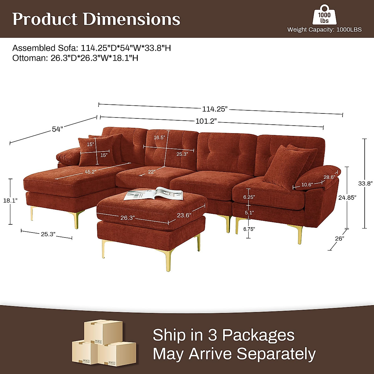 Nolohoo U Shaped Sectional Sofa Couch,114" Comfy L Shape Sofa with Chaise Lounge Ottoman, Modern Upholstered Chenille 4 Seat Modular Couch Set for Living Room Office, Orange