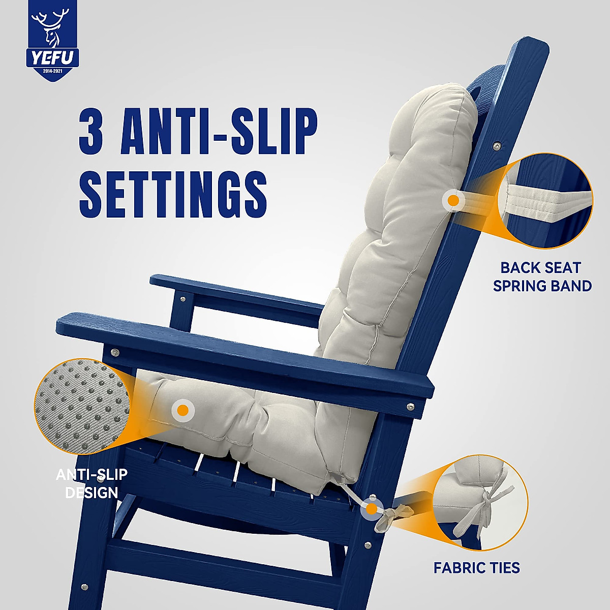 YEFU Adirondack Chair Cushion, Rocking Chair Cushions High Back, Thickened Patio Chair Pad for Indoor and Outdoor, 49x20x5 Inch, Light Gray, 2-Pack