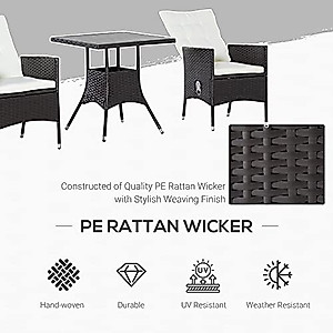 Outsunny 3 Piece Patio Bistro Set, Outdoor PE Wicker Furniture Conversation Set with Tufted Cushion Reclining Chairs & Coffee Table for Backyard, Lawn, Porch, Poolside, Balcony, Cream White