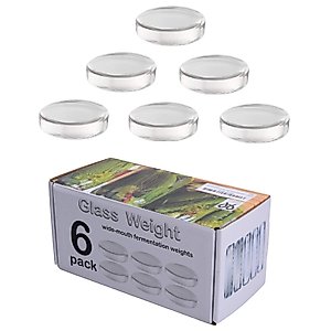 6 Pack - Large glass fermentation weights for wide mouth Mason jars. Preservation and Pickling. Dishwasher safe. Gift box included. Premium Presents brand