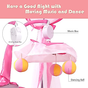 INFANS 4 in 1 Pack and Play, Portable Nursery Center Playard with Bassinet, Adjustable Canopy, Mattress, Diaper Changer, Carry Bag, Whirling Toys Music Box for Baby Boy Girl (Pink)