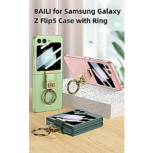 BAILI for Samsung Galaxy Z Flip5 Case with Ring,Galaxy Z Flip5 Cover with Z Ring & HD Small Screen Film,Military Grade All-Inclusive Protection Case with Electroplated Ring Stand for Z Flip 5-Matcha