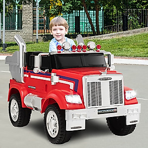 Costzon Electric Car for Kids, 12V Licensed Freightliner Ride on Dump Truck W/Remote Control, Rear Loader, Spring Suspension, Easy-Drag System, MP3 & Music, Gift for Boy Girl, Semi Truck Ride on Car