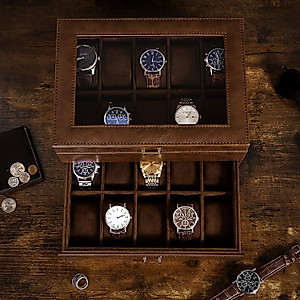 BEWISHOME 20 Slot Watch Box for Men Watch Case, Watch Display Case with Real Glass Lid, 2 Layers Watch Holder Organizer, Metal Hinge, Brown Leather SSH24Z