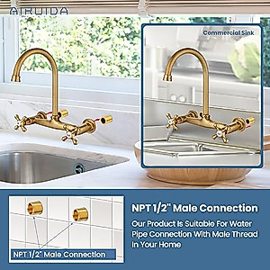 Airuida Antique Brass Wall Mount Kitchen Sink Faucet, Wall Mounted 8 Inches Center Faucet, Wall Mounted Commercial Kitchen Faucet, 360 Degree Swivel Spout Mixer Commercial Tap with Female Thread
