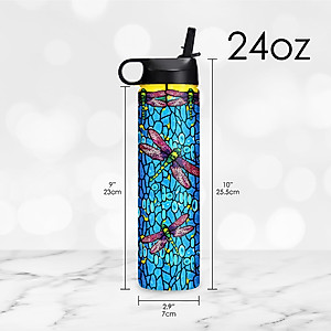 RainCaper 18/8 Stainless Steel Insulated Water Tumbler with Straw | 24oz, BPA-Free, Double Wall for Hot & Cold | Travel-Friendly, Cup Holder Ready (Tiffany Dragonfly - Purple)