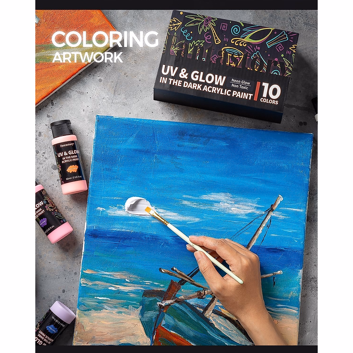 Fantastory Glow in The Dark Paint, 60ml/2oz Neon Glow Acrylic Paints, 2IN1 Paint,Charge-Glow& UV Activated For Outdoor Rocks, DIY Craft,Canvas,Holiday Decor,Christmas,Kids,Adults