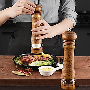2-Piece Salt and Pepper Grinder Set, 8 Inch Wooden Salt and Pepper Mills with Adjustable Coarseness, Refillable Manual Pepper Mill Grinder for Home Cooks (Brown)