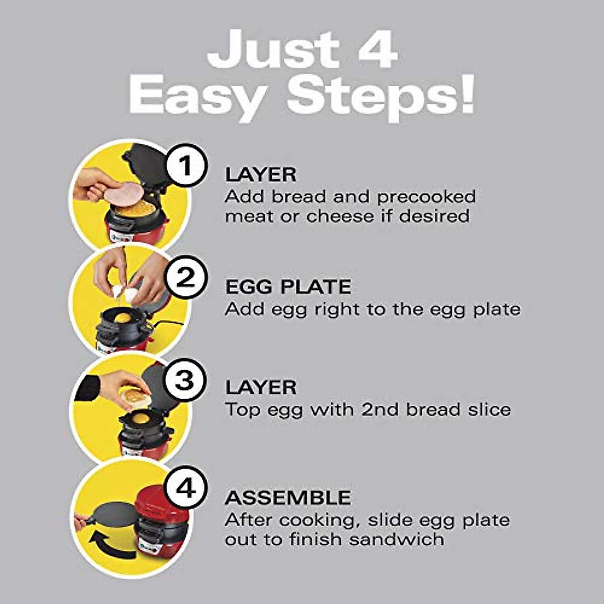 Hamilton Beach Breakfast Sandwich Maker with Egg Cooker Ring, Customize Ingredients, Perfect for English Muffins, Croissants, Mini Waffles, Dorm Room Essentials, Red (25476)