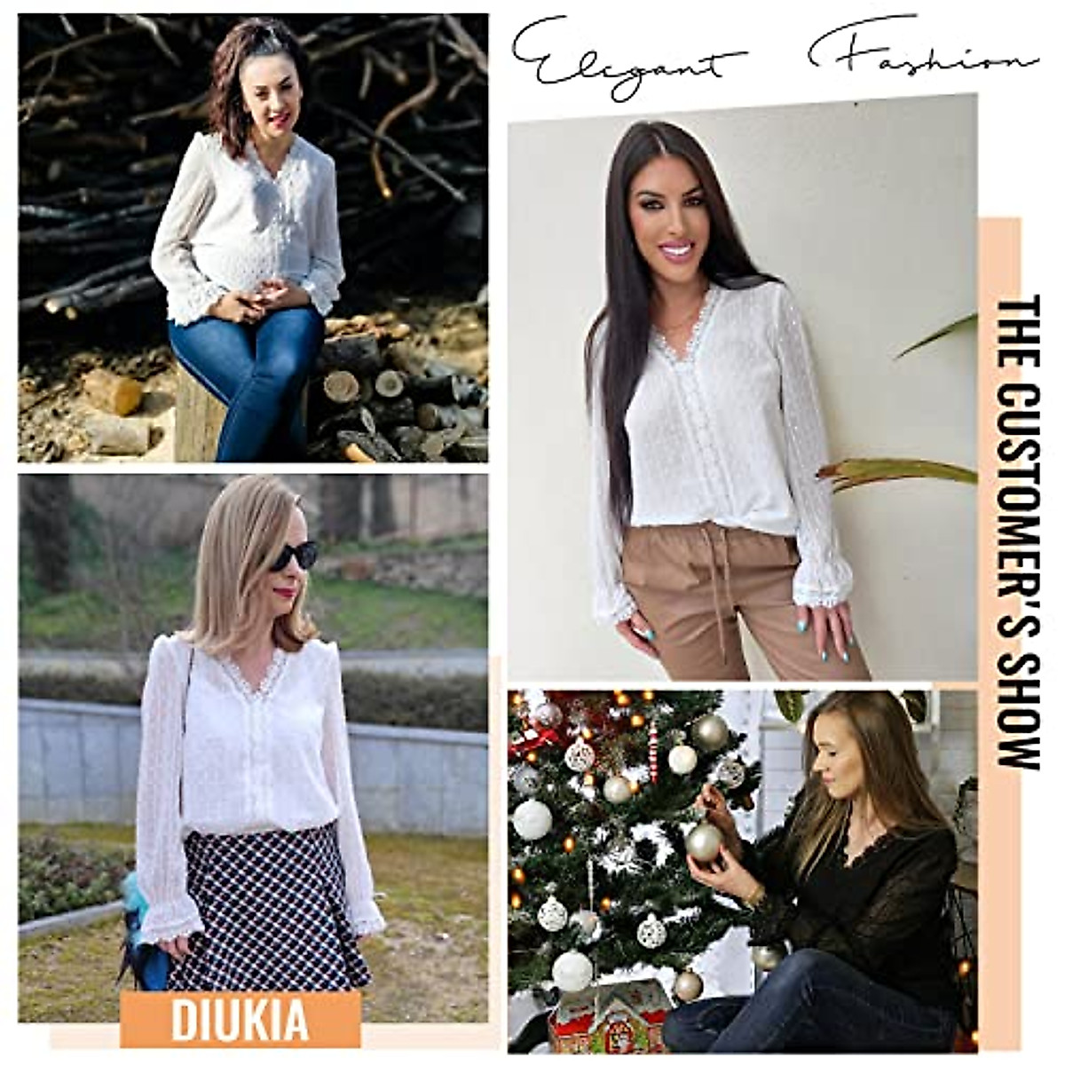 Diukia Women's Fashion Cute Swiss Dot Pom Pom Puff Long Sleeve Pullover Blouses Summer Sexy Lace Trim V Neck Blouse Tops Ladies Casual Loose Solid Chiffon Shirts Blouses for Autumn Spring Yellow XL