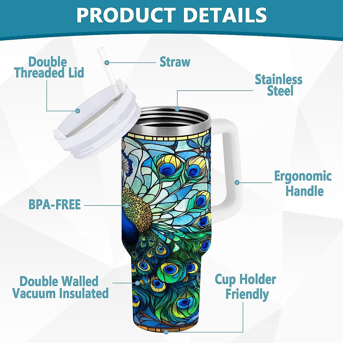 RPLIFE Peacock Stained Glass 40 Oz Tumbler with Handle, Stainless Steel Tumbler with Straw, Coffee Tumbler for Women