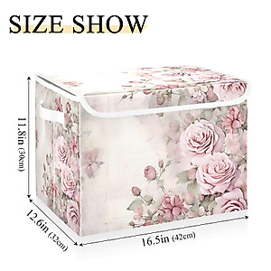 ALAZA Storage Bins Organizer Box Baskets Lidded Clothes for Shelves Closet Pink Rose Retro Collapsible Stackable Storage Cubes Handles