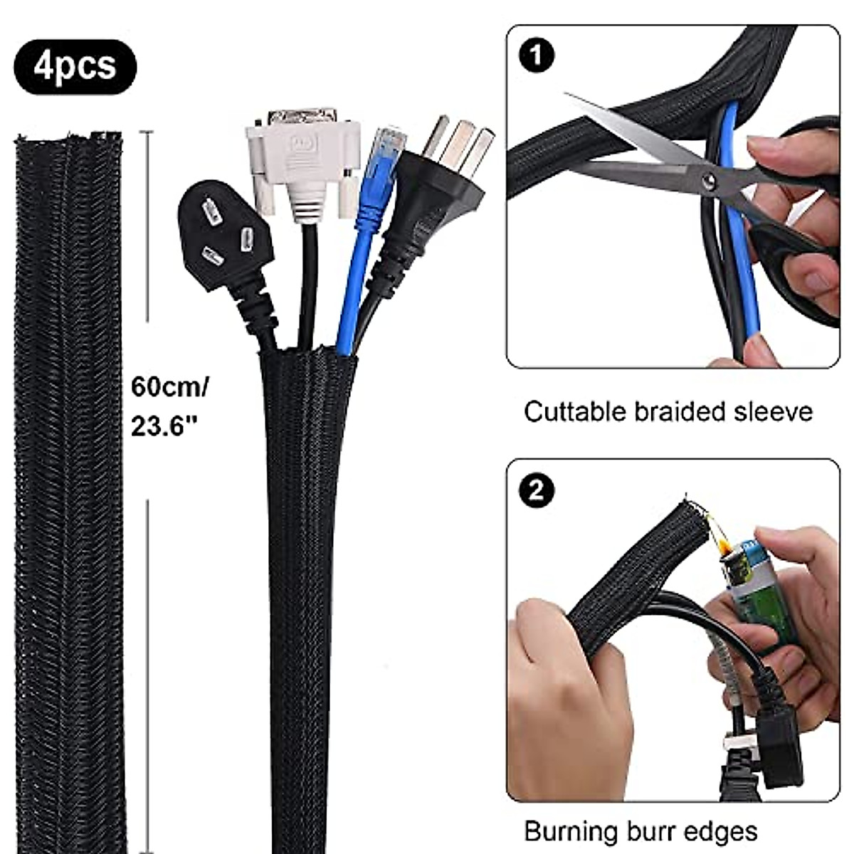 SOULWIT Cable Management Kit, 4 Wire Organizer Sleeve, 3 Cable Holder, 10+2 Cable Organization Straps, 15 Large Cord Clips, 100 Cable Ties for TV PC Computer Under Desk Office