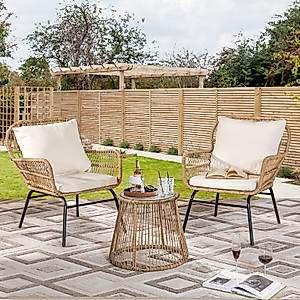 NICESOUL® 3 Pcs Boho Outdoor Small Patio Furniture Chair Set with Beige Cushion and Round Glass Table Side Table Natural Color Wicker Conversation Chair Set Bistro Set for Garden Balcony Deck Porch