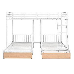Harper & Bright Designs Metal Triple Bunk Beds with Storage, Full Over Twin & Twin Bunk Beds with Drawers,3 Bed Bunk Bunk for Kids, Girls, Boys,Teens, Adults,Can be Separated into 3 Beds, White