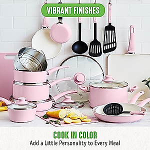 GreenLife Soft Grip Healthy Ceramic Nonstick 23 Piece Kitchen Cookware Pots and Frying Sauce Saute Pans Set with Kitchen Utensils, PFAS-Free, Dishwasher Safe, Pink