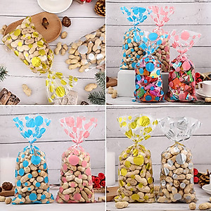 Polka Dot Cellophane Bags, 100pcs Clear Treat Bags, Plastic Christmas Cello Bags Sweets Bags with 100 Twist Ties for Goodie, Cookies, Nut, Gift Wrap, Wedding Birthday Party Favor Supplies (4 Pattern)
